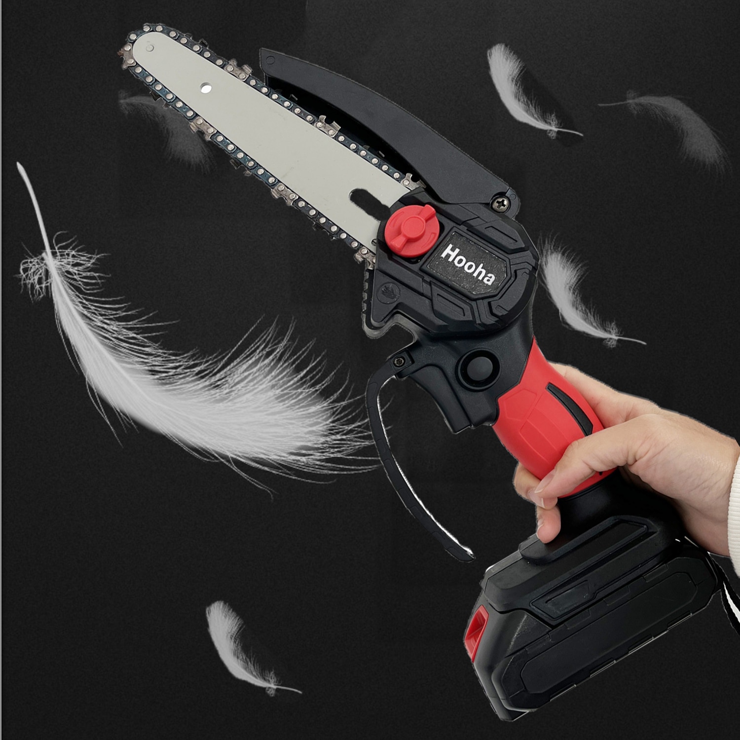 Mini ferastrau cu lant, Hooha, 6 m/s, Electric, Fara fir, Rosu/Negru ...