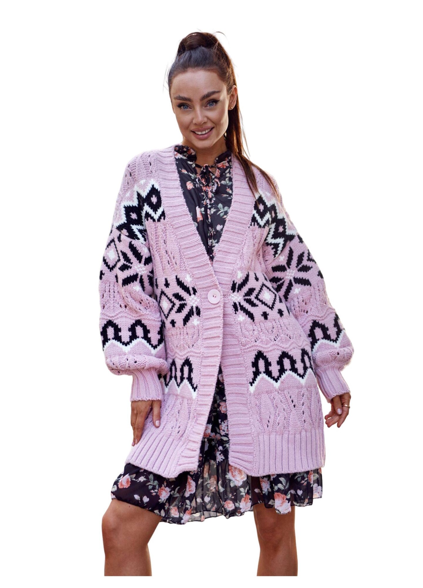 Cardigan roz cu inchidere cu nasturi, Oversize, Cocomore, One size ...