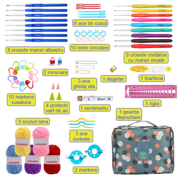 Set de crosetat, cu 68 accesorii pentru tricotat, andrele si crosete ...