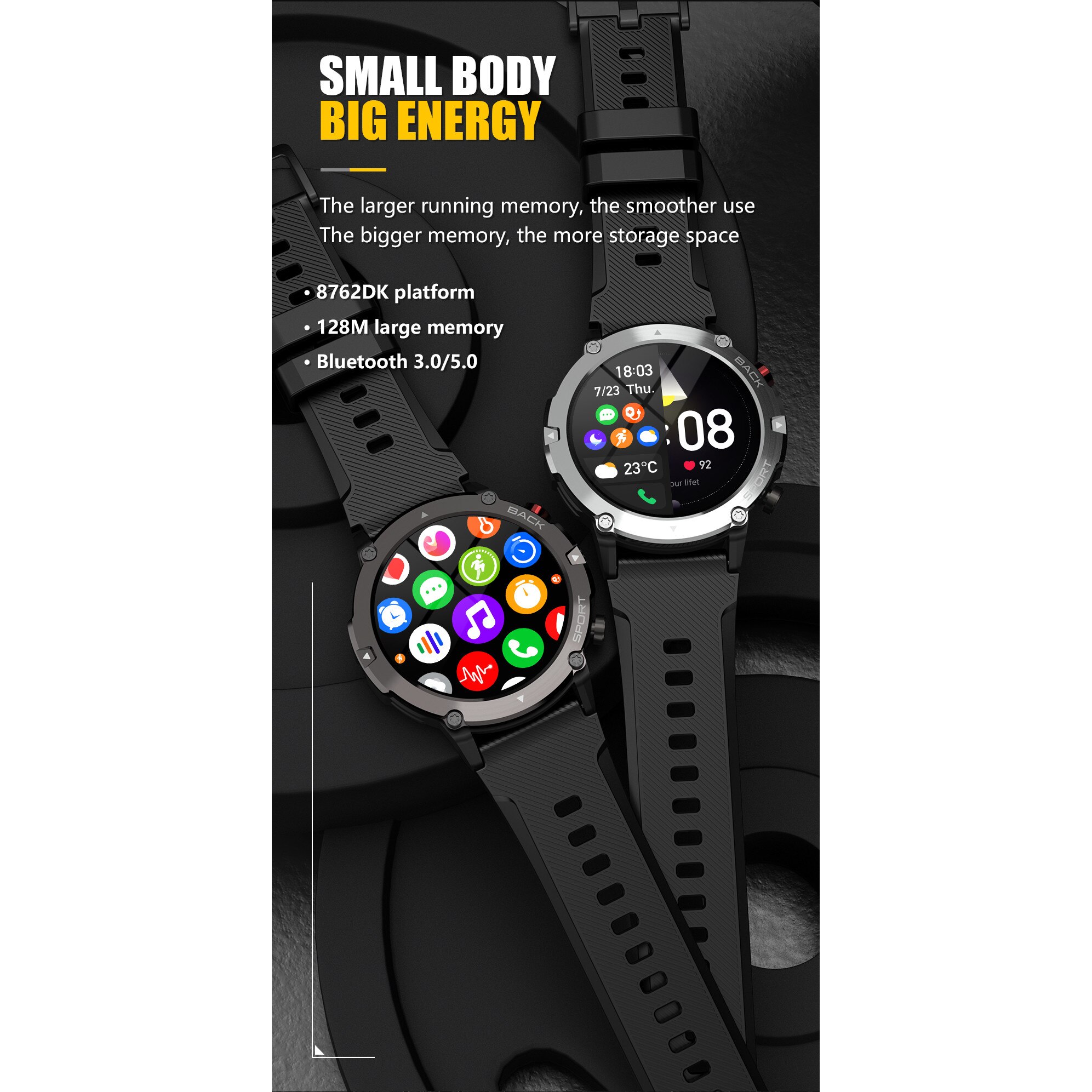 Ceas smartwatch barbati, Alhena®, IP68, Memorie 128M, 20 Moduri Sport ...