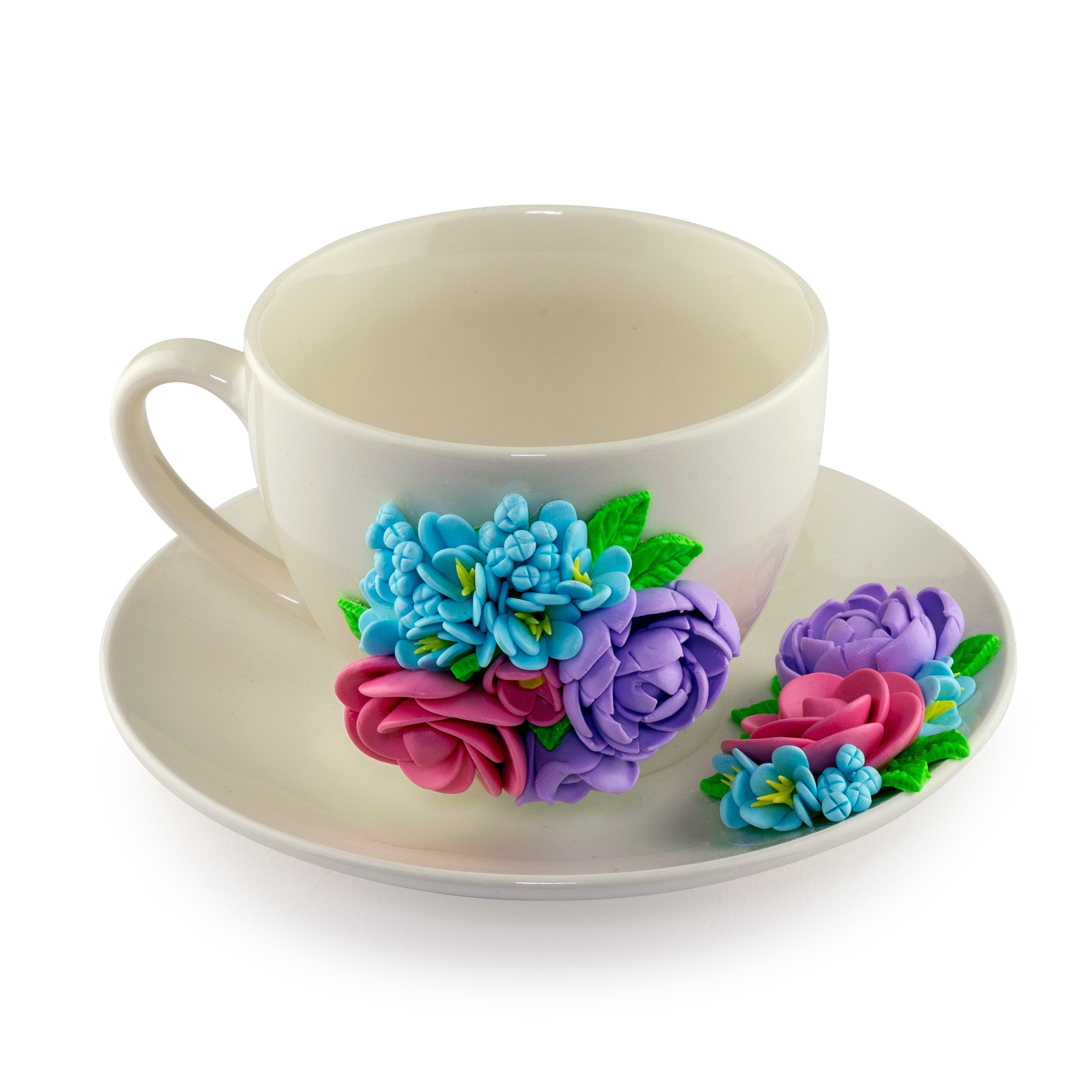 Set Ceasca si Farfurie decorat manual cu Flori fimo Multicolore ...