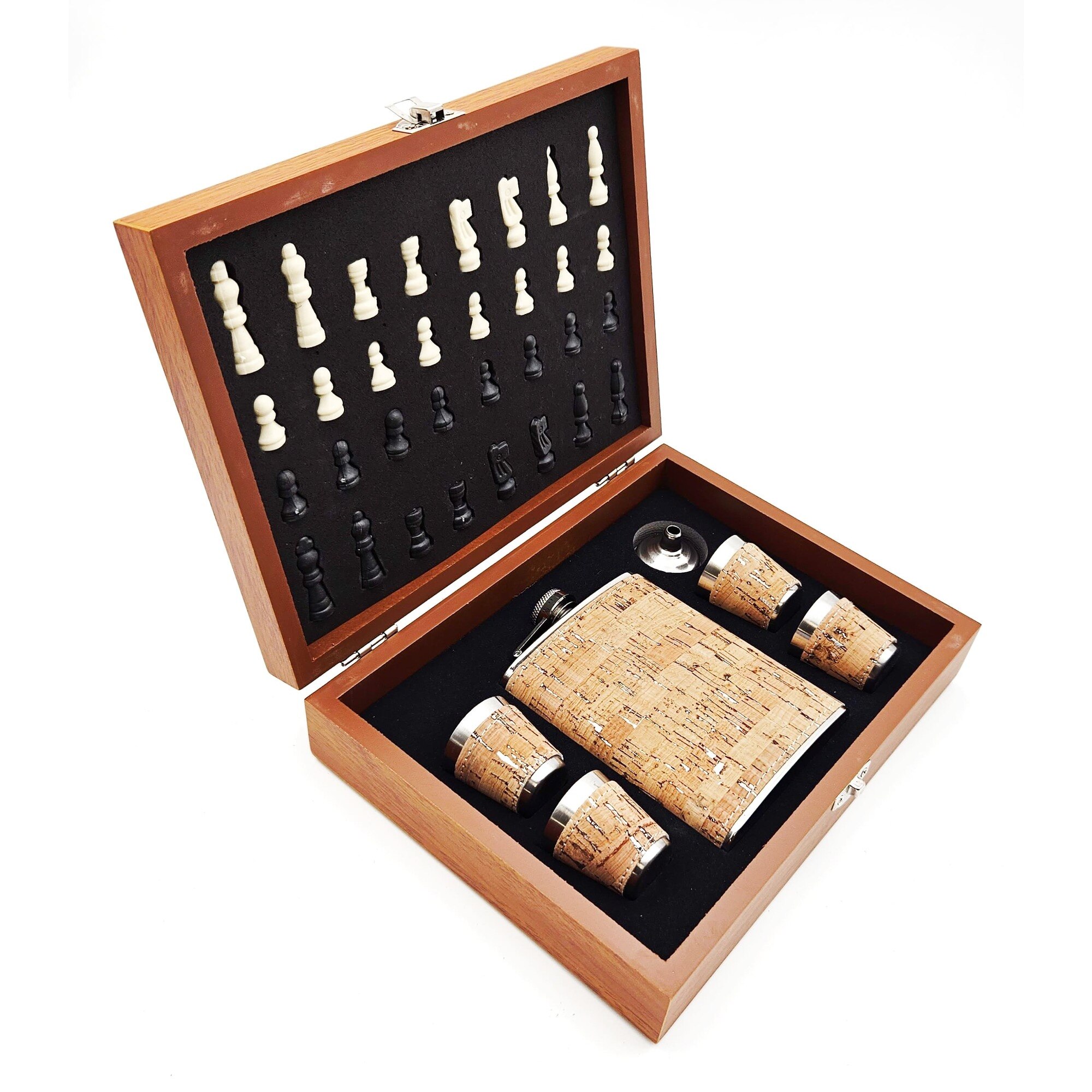 Set elegant cu Valiza lemn cu tabla de sah, Piese sah din lemn, Plosca ...