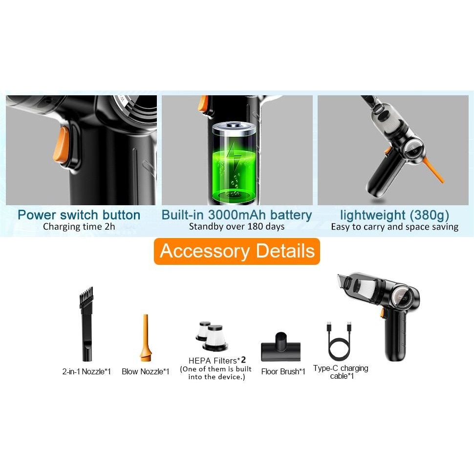Excitat Akkus autós porszívó, porfúvó funkció, EXCITAT®, 9000PA 120W ...