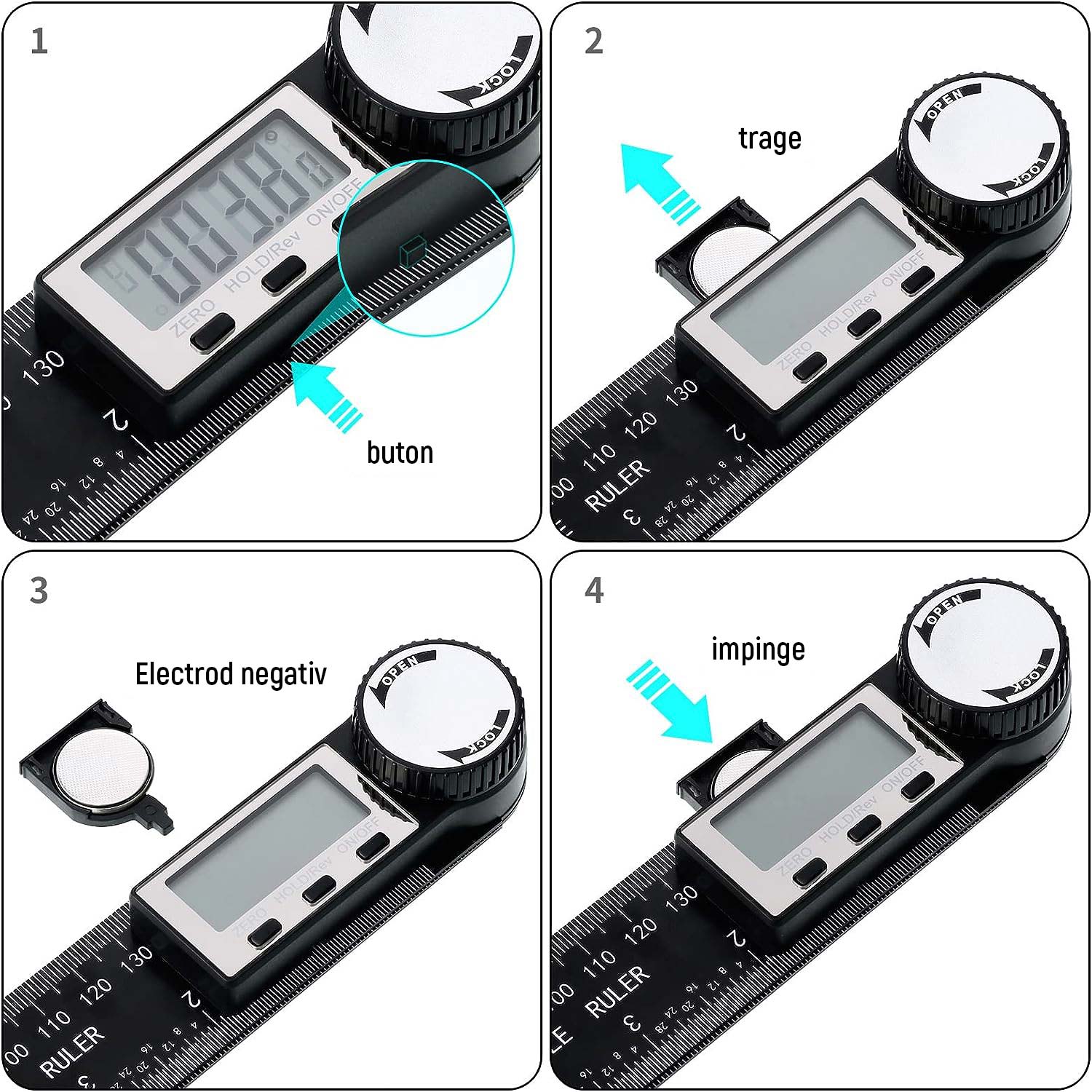 Rigla de unghi digital 2 in 1, 200 mm, cu afisaj LCD, 3 Buton, OUYLAF ...