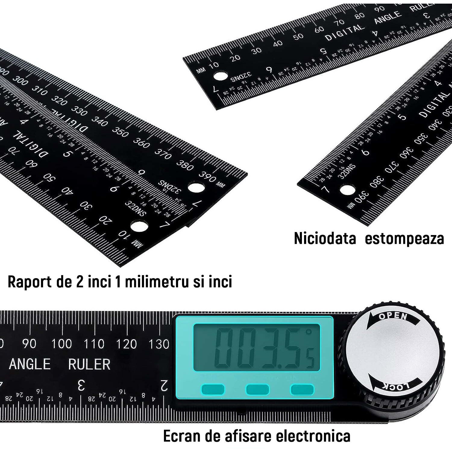 Rigla de unghi digital 2 in 1, 200 mm, cu afisaj LCD, 3 Buton, OUYLAF ...