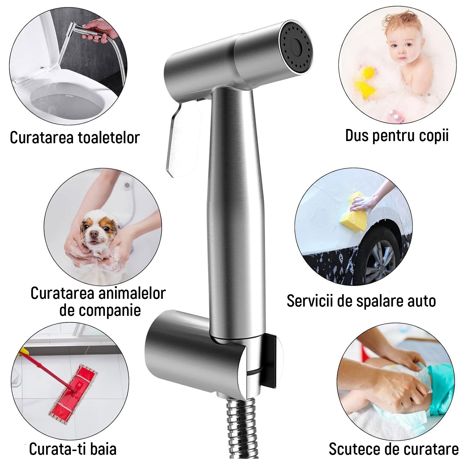 Set dus igienic, cu robinet, furtun metalic, suport, si banda de teflon ...