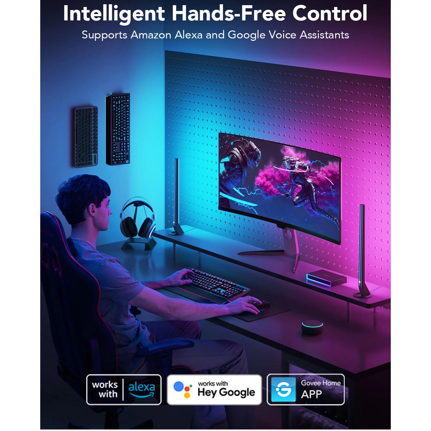 Set Banda LED RGBIC + 2 Lampi LED RGBIC + Sync Box Govee H6601 AI ...