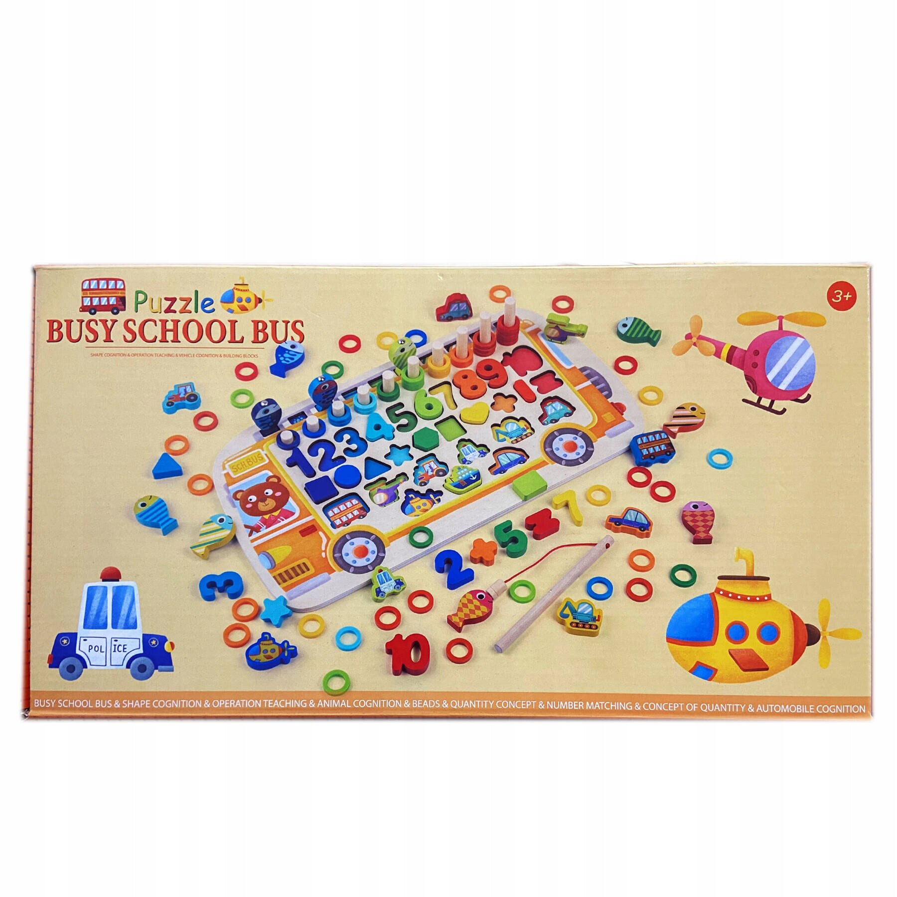 Joc lemn 5 in 1 Montessori cu vehicule, cifre, forme geometrice, semne ...