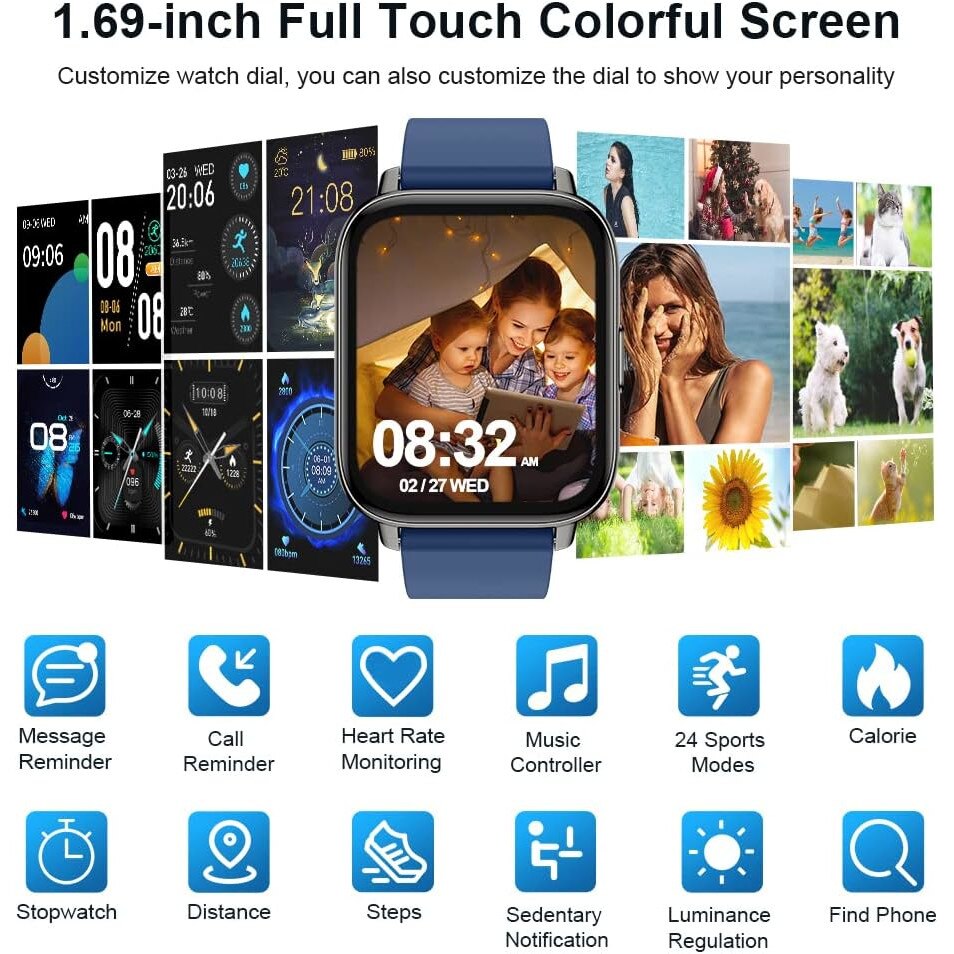 Smartwatch IP68, Ordtop, unisex, ecran 1.69 inch, waterproof, multi ...