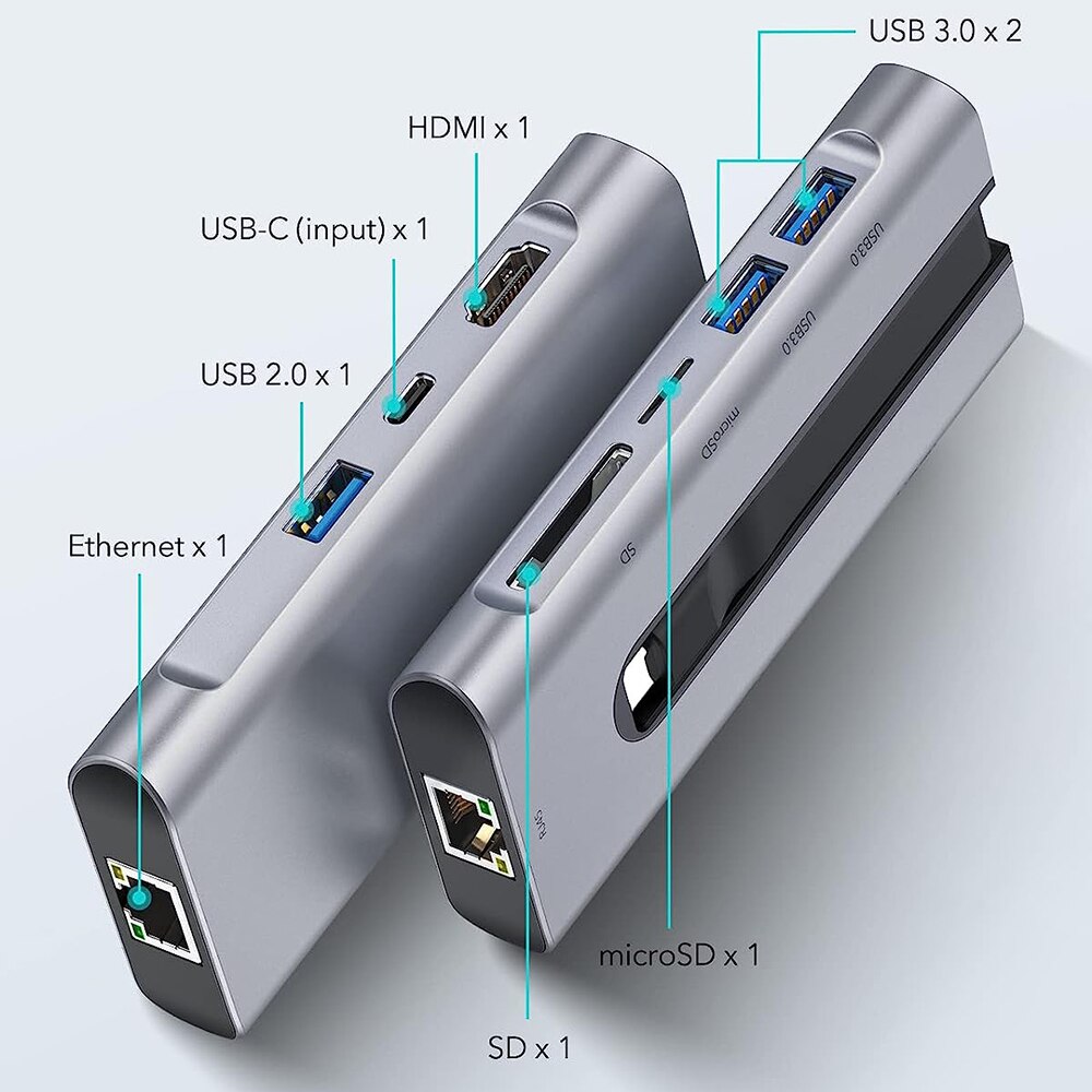 Hub RJ45, 3 x USB, 2 x Type-C, HDMI, Card SD, Micro SD Card, X598, Grey ...