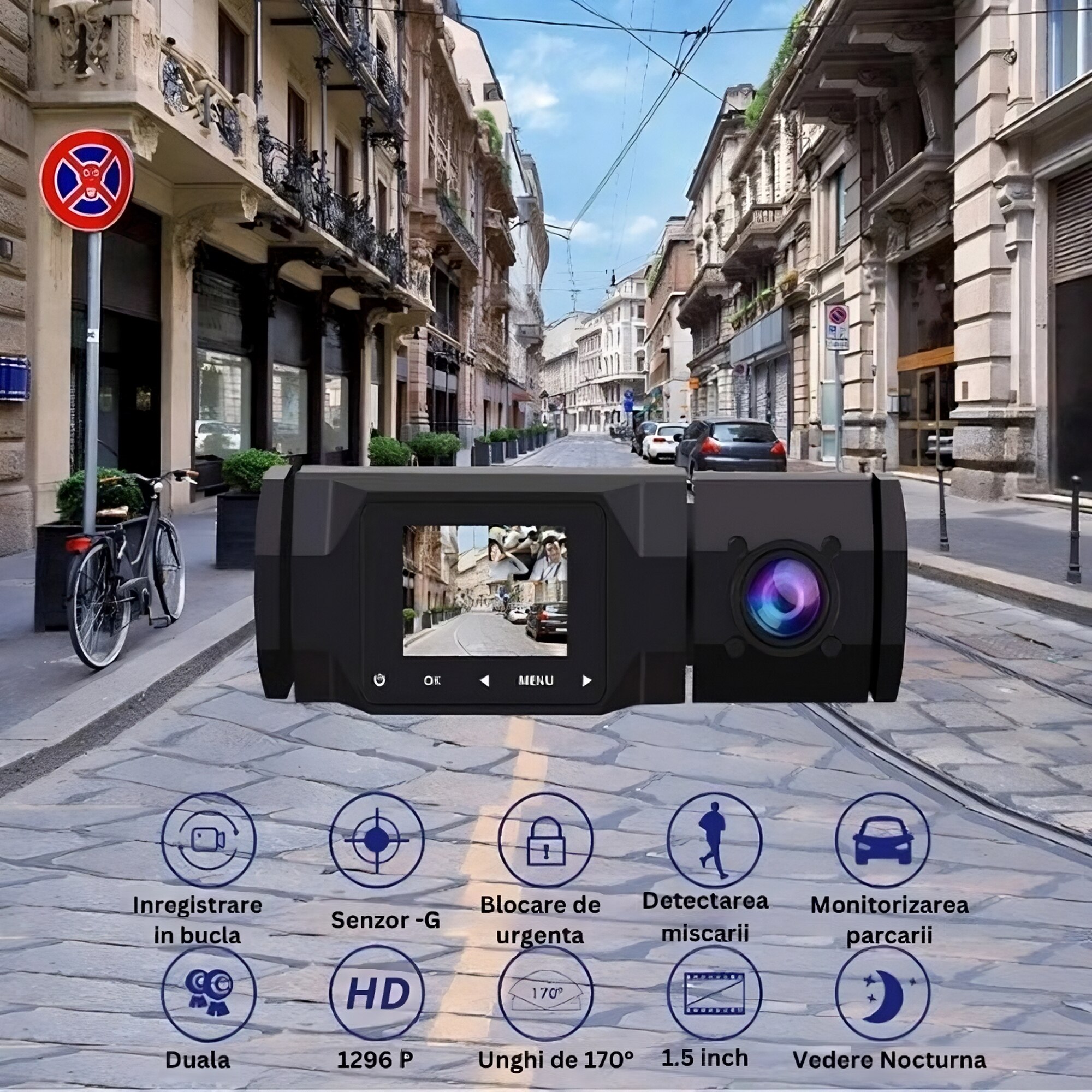Camera auto goBERA® duala DVR, Model 2023, Unghi 170 grade, Rezolutie 2 ...