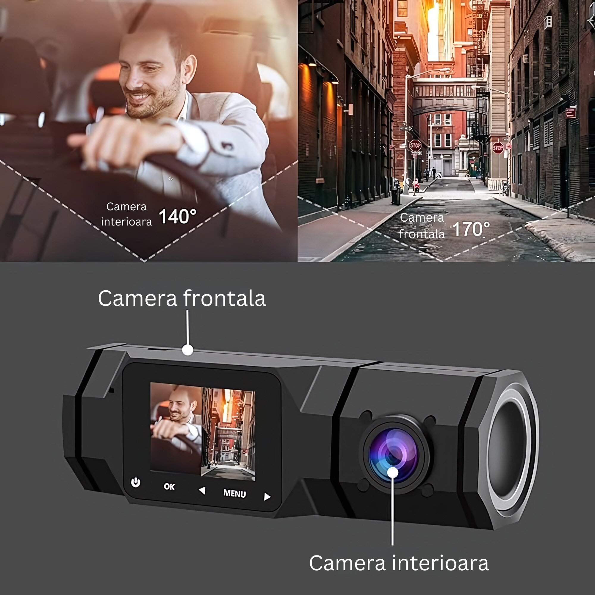 Camera auto goBERA® duala DVR, Model 2023, Unghi 170 grade, Rezolutie 2 ...