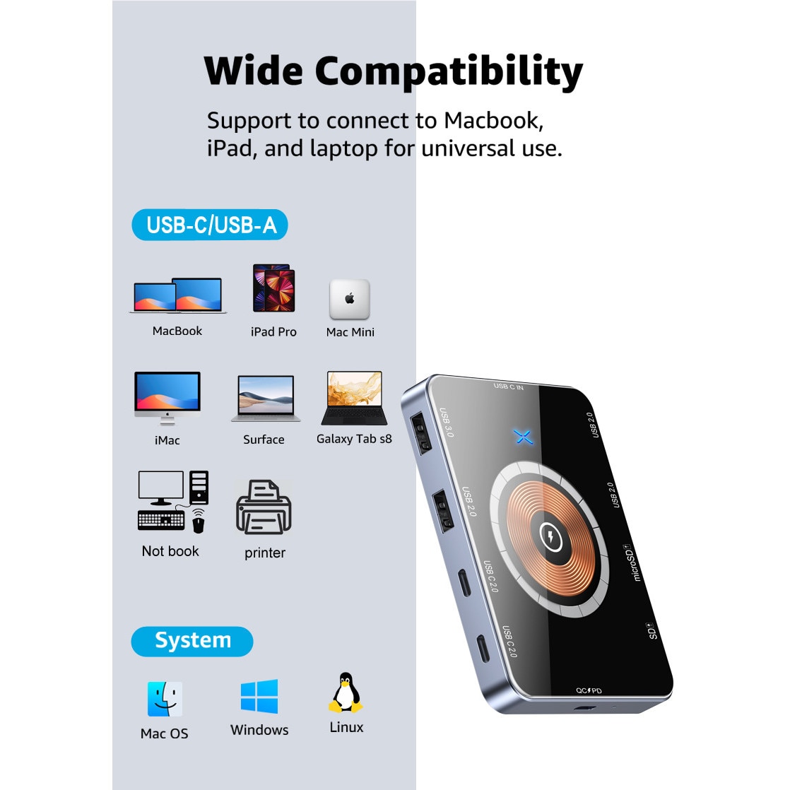 Adaptor, Docking Station 8 in 1, JENUOS®, Wireless Charging, cu Capac ...