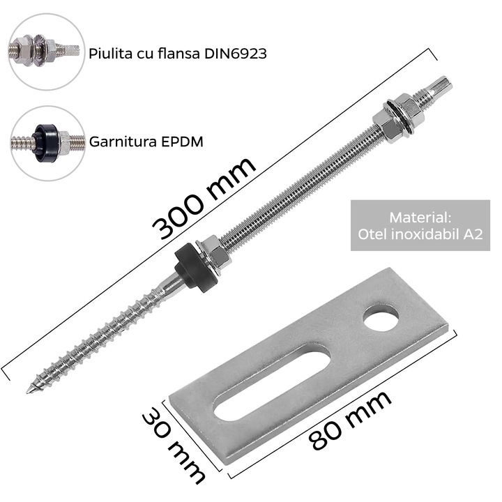 Surub ancora cu filet dublu M10x300mm si adaptor, Inox, prindere sine ...