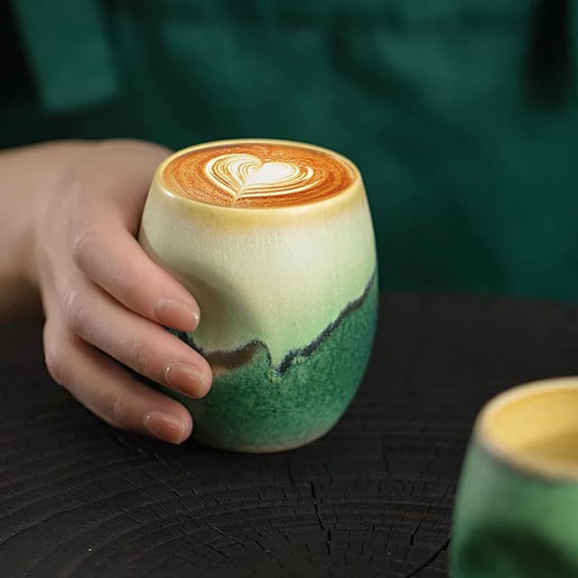 Set 2 cesti de ceai si cafea, ceramica, vintage, verde, handmade, 230 ...