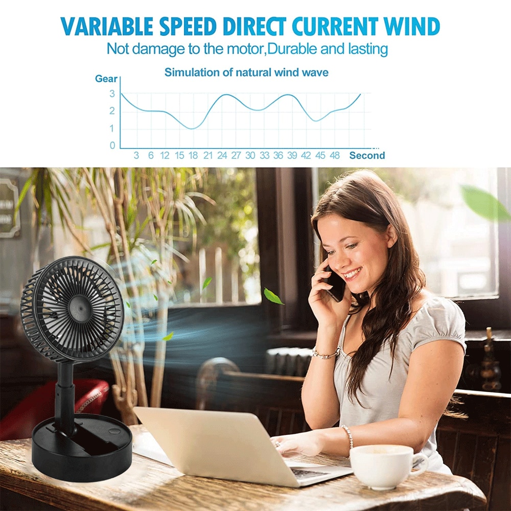 Ventilator de birou portabil - 3 viteze de vant, pliabil, reincarcabil, alimentat prin baterie ...
