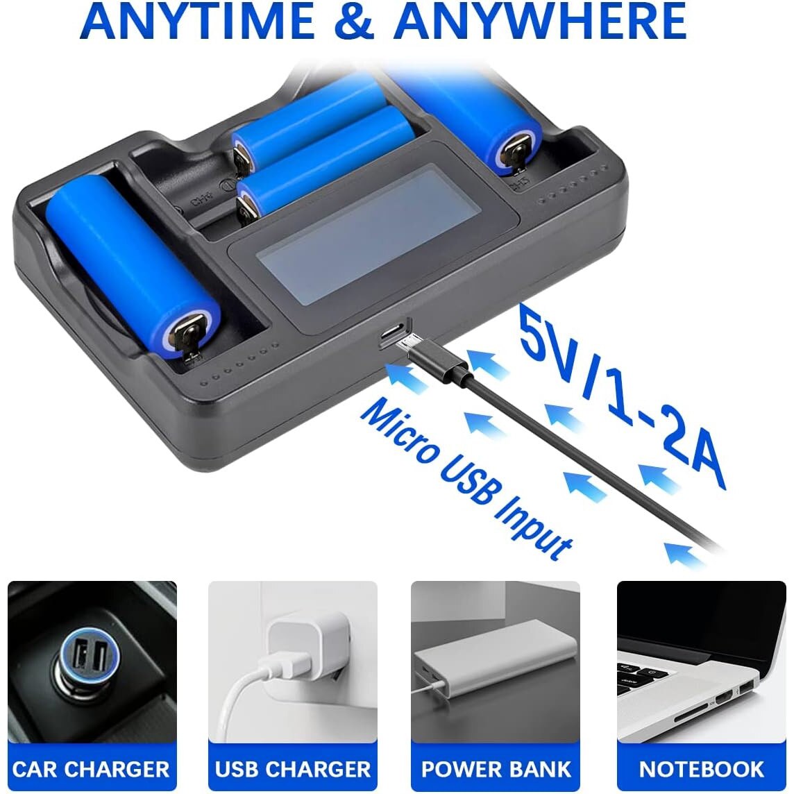 Incarcator baterii, LCD, 4 sloturi, NI-MH/NI-CD/Li-ION/18700/2170/26650 ...