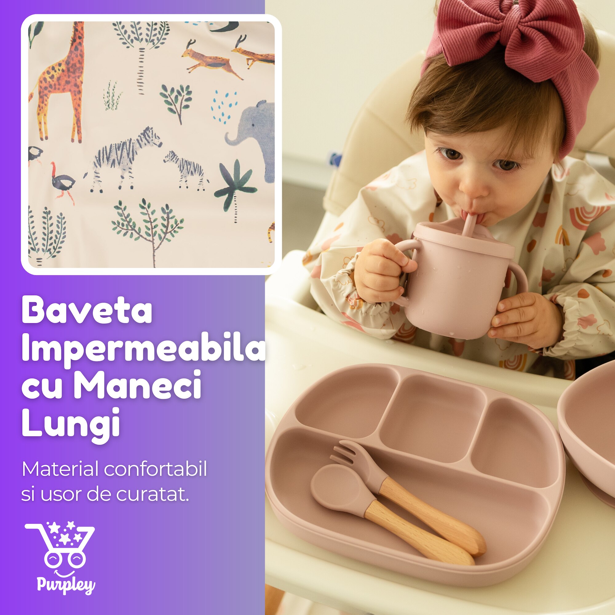 Baveta Impermeabila cu Maneci Lungi, Purpley®, Buzunar Colector pentru ...
