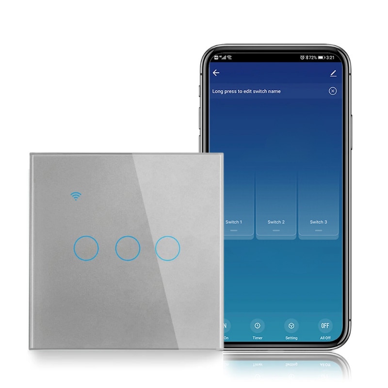 Intrerupator smart touch iUni 3F, Wi-Fi, Sticla securizata, LED, Silver ...