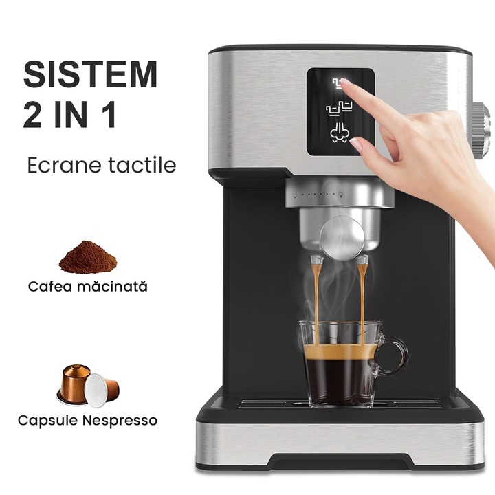 Espressor manual 2 in 1, Capsule/cafea macinata, lncalzire rapida in ...