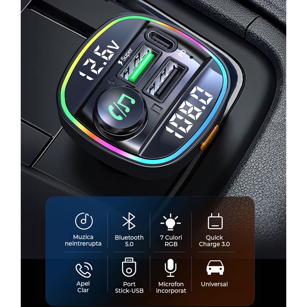 Modulator FM Timebox, Hands-Free Kit cu 10 functii, Incarcator auto cu ...