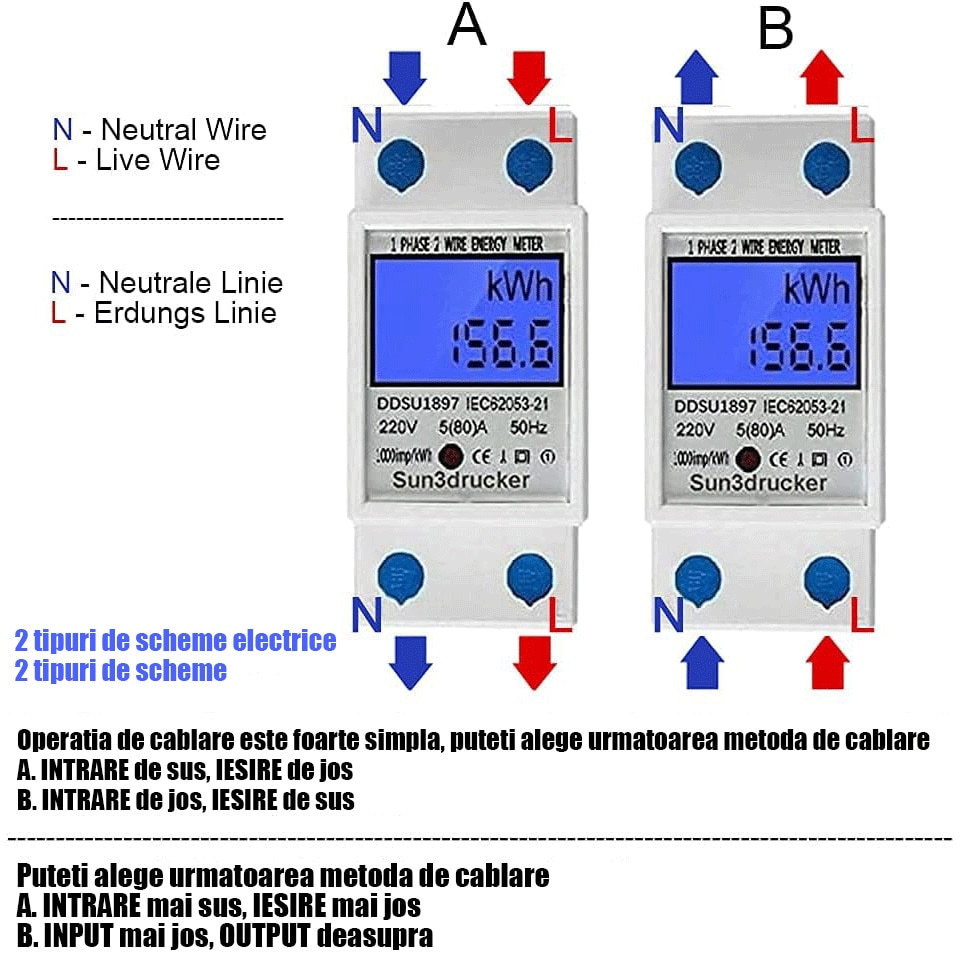 Contor monofazat de energie electrica, Vaxiuja, 220V/230V AC 50Hz/60Hz ...
