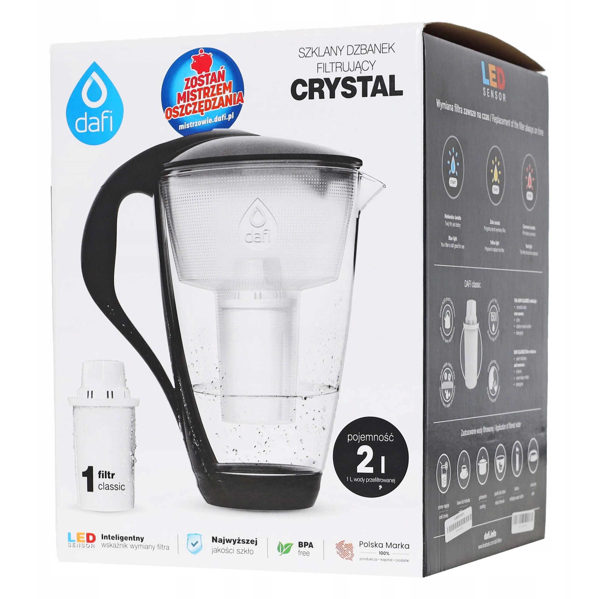 Cana cu filtru Dafi, sticla, capacitate 2 l, indicator Led, cu un ...