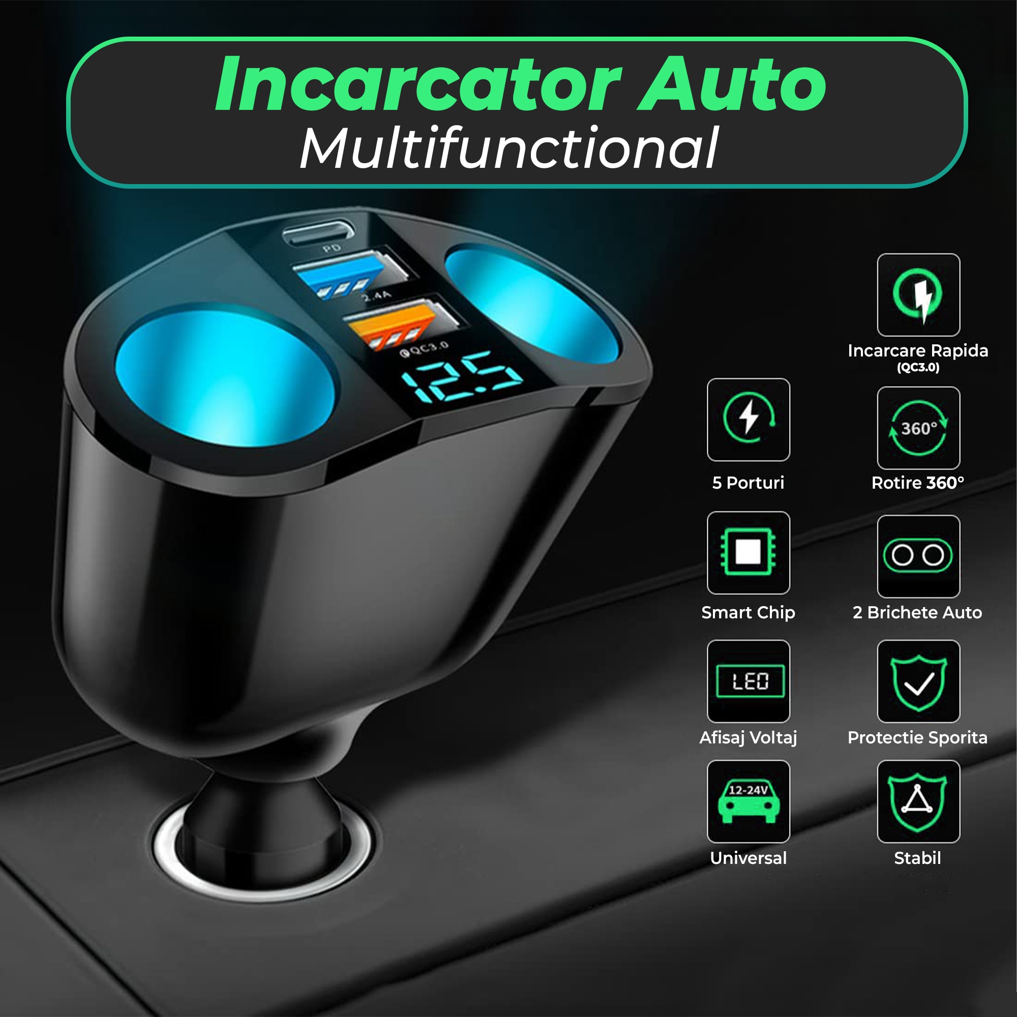 Adaptor priza auto multiplicator 120W, Timebox, 2x soclu auto, 2 x USB ...