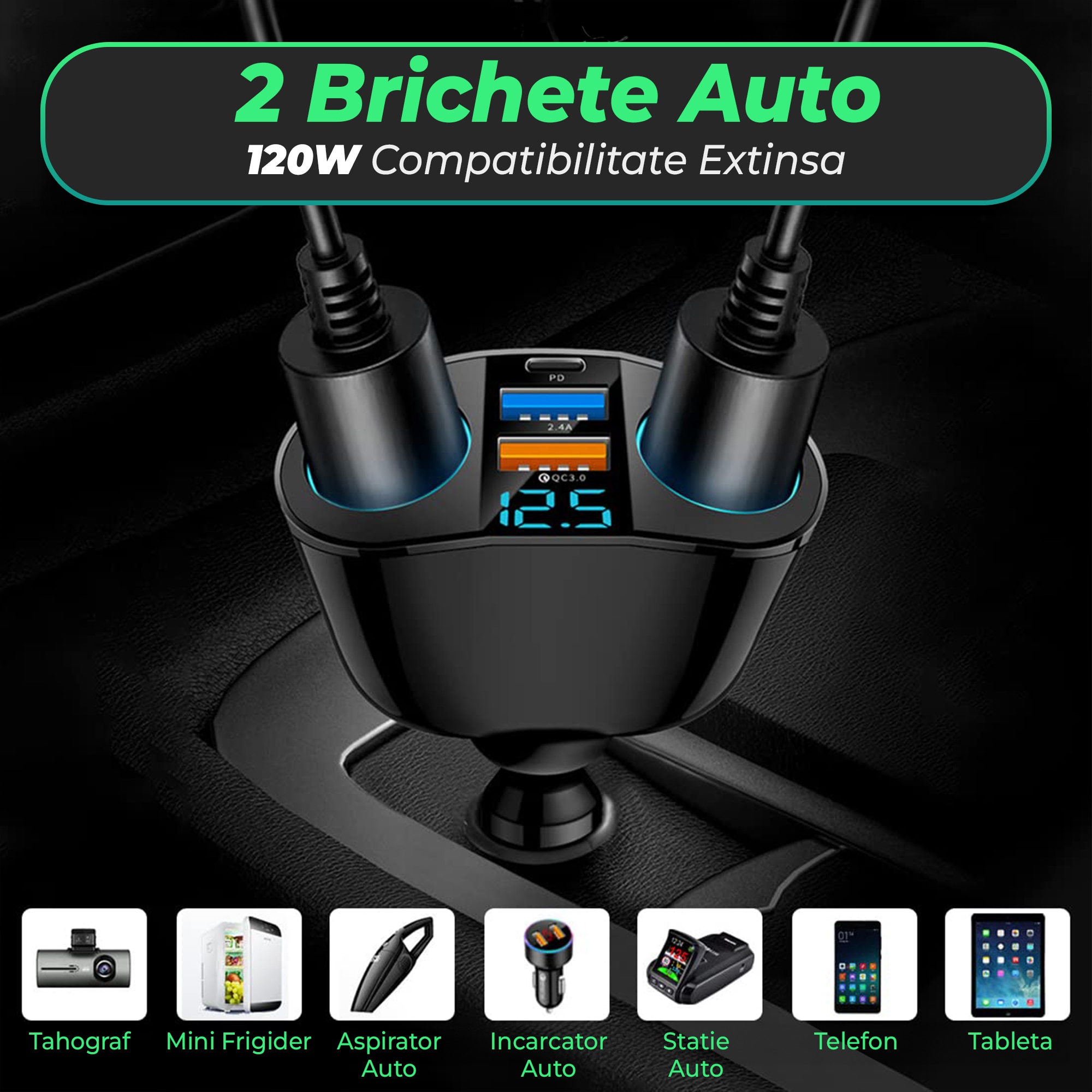 Adaptor priza auto multiplicator 120W, Timebox, 2x soclu auto, 2 x USB ...