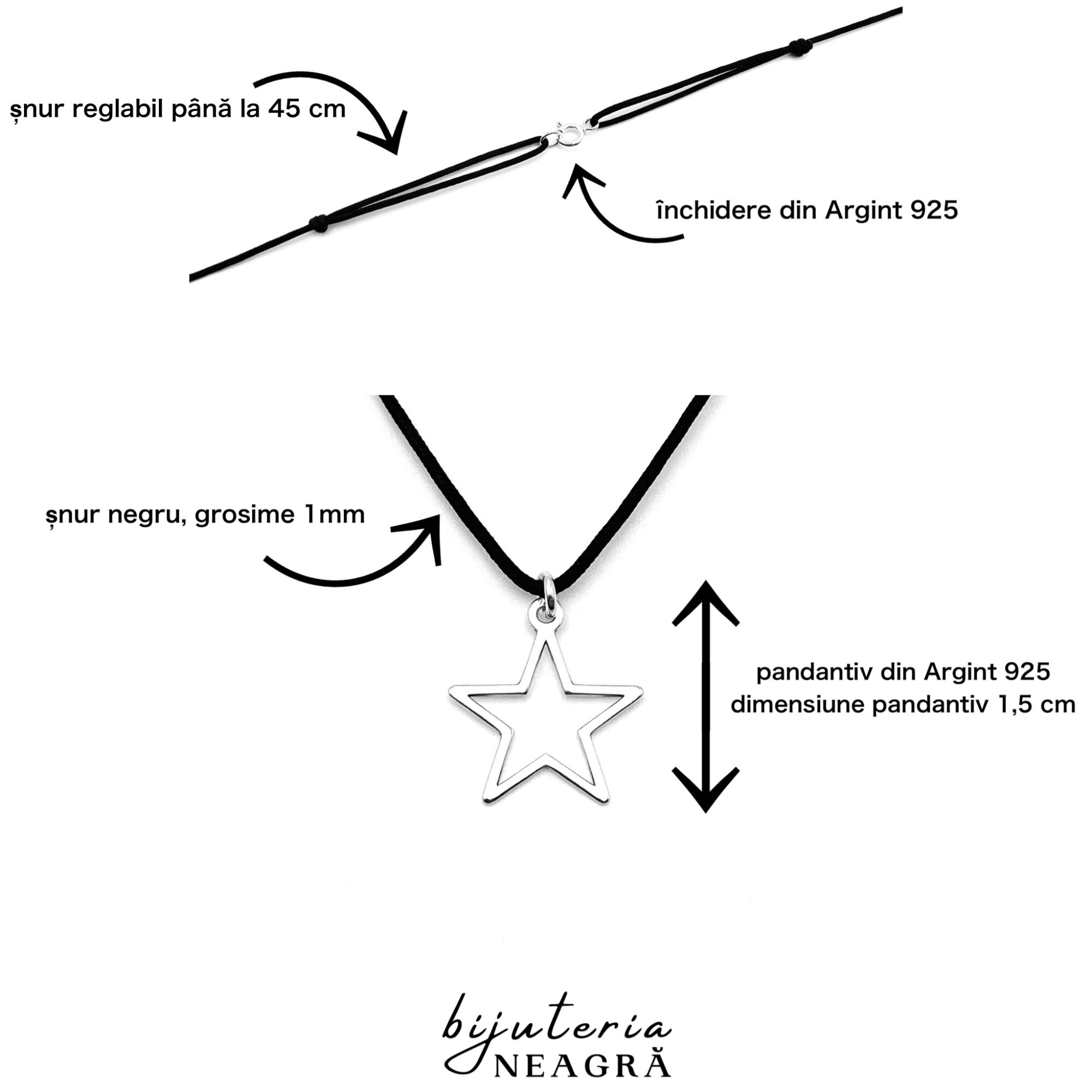 Colier cu pandantiv Stea din Argint 925, snur negru, reglabil pana la ...