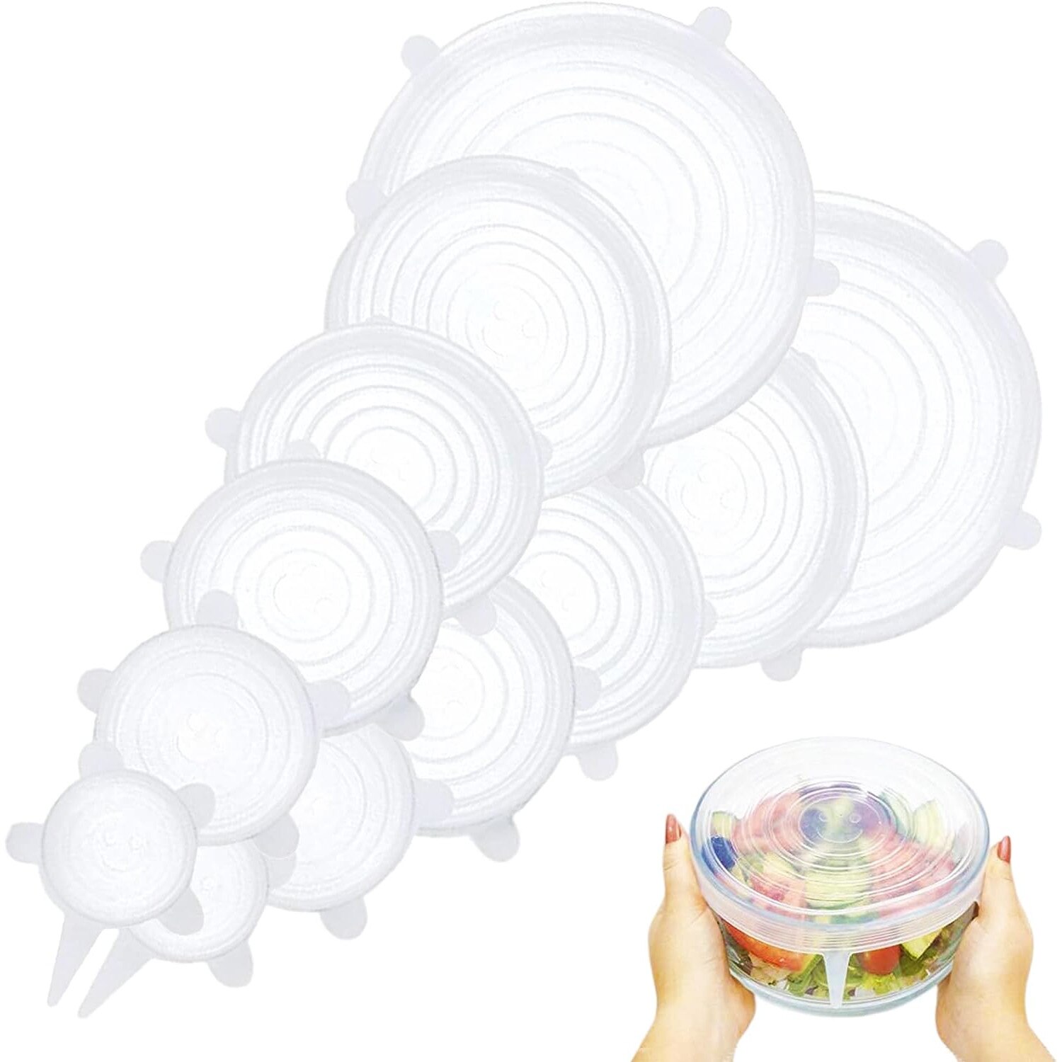 Set 12 capace rotunde pentru cutie alimentara, Silicon, Transparent ...