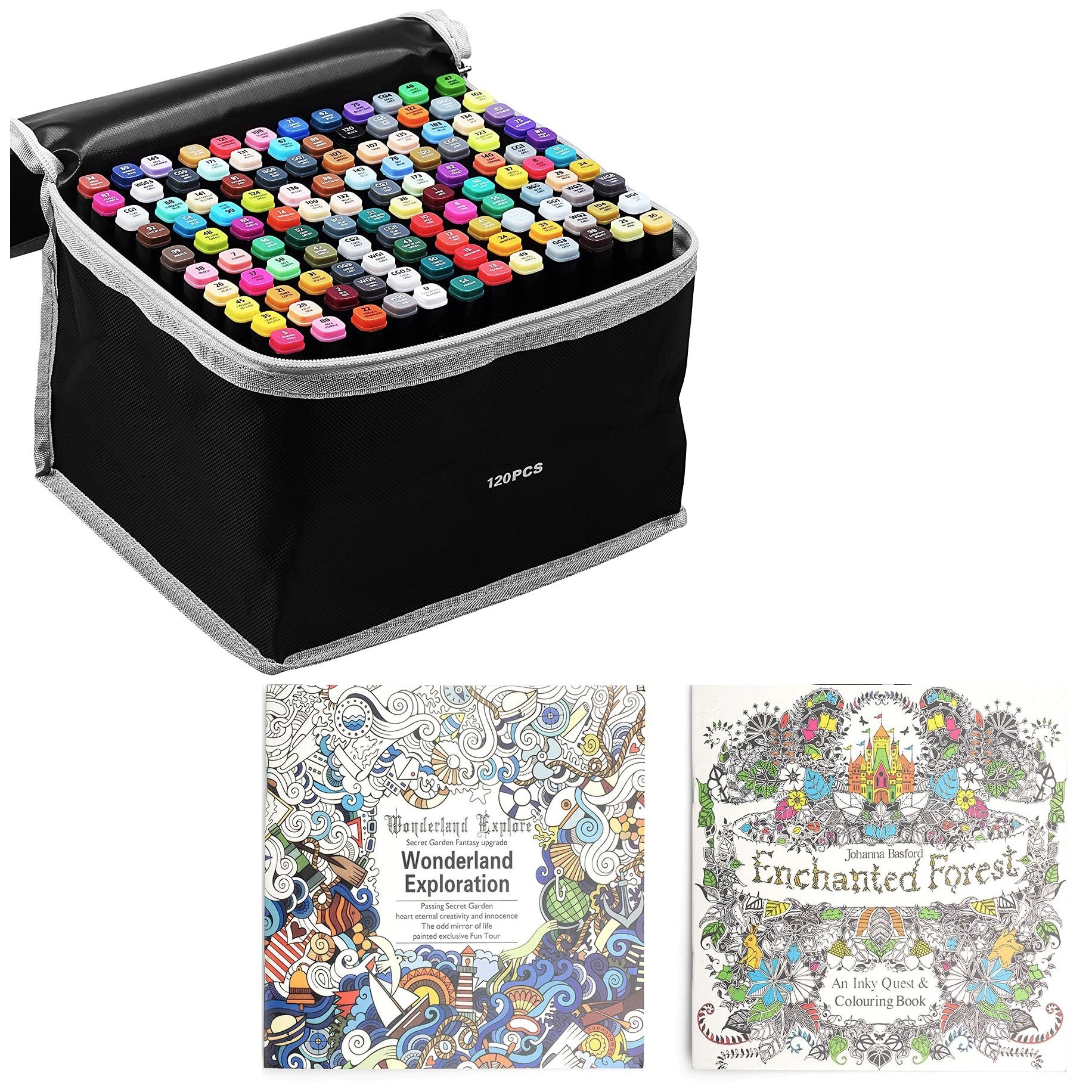 Set 120 markere, 2 capete, 2 carti de colorat, geanta de depozitare cu ...