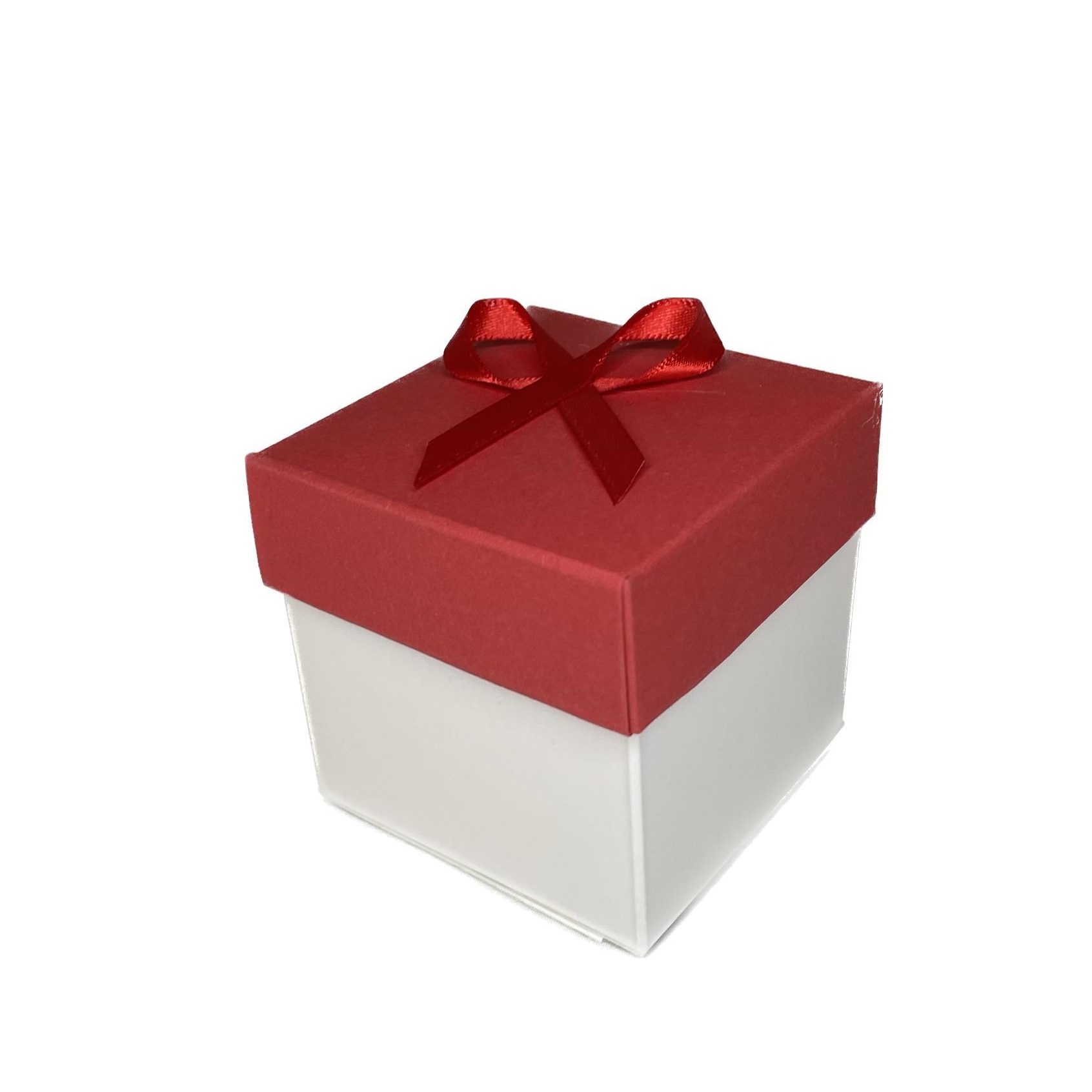 Cutie pentru cadou, carton alb si rosu cu fundita rosie, 6.5X6.5X6.5 cm ...
