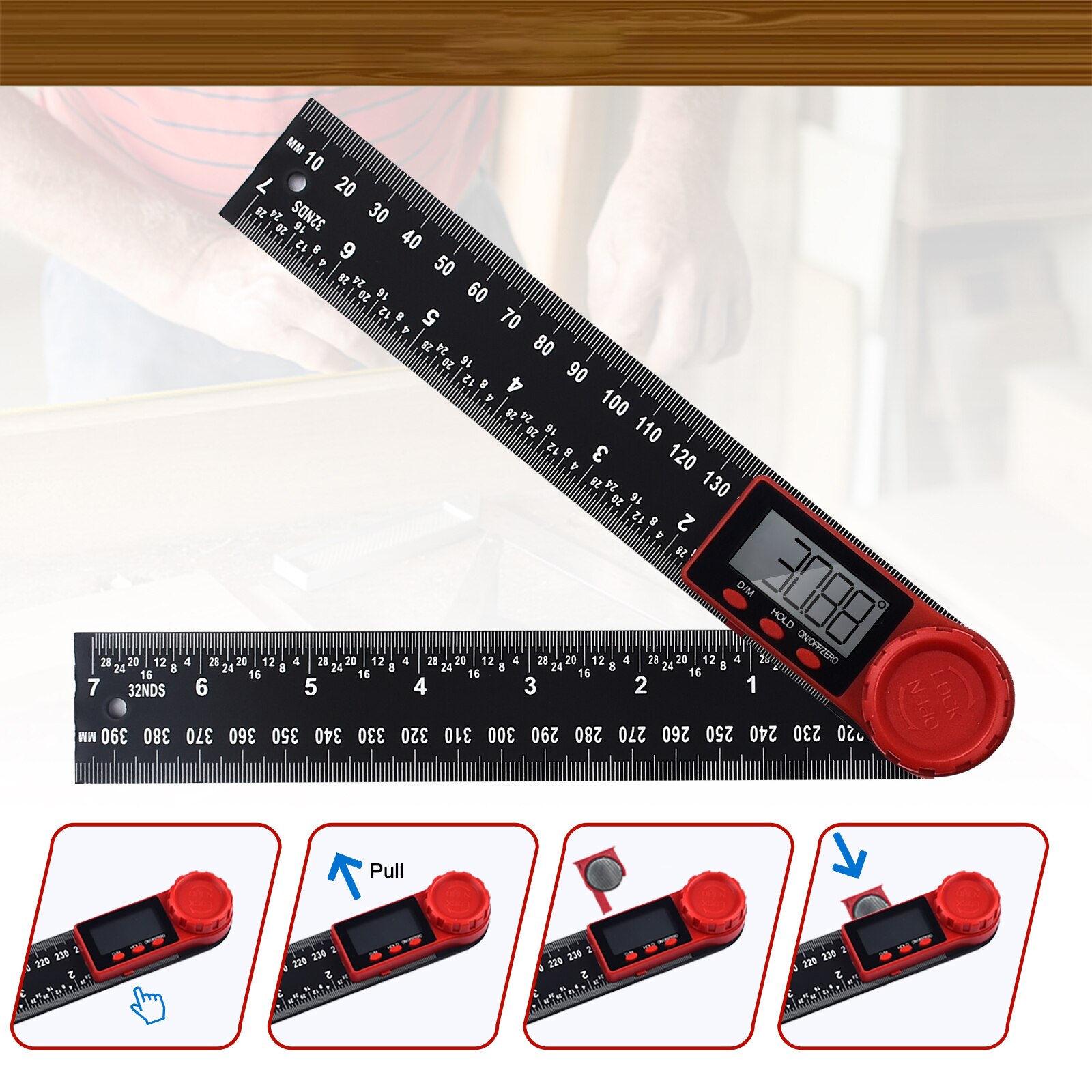 Raportor digital, Goxawee, Plastic, 200 mm, Rotatie 360°, Negru/Rosu ...