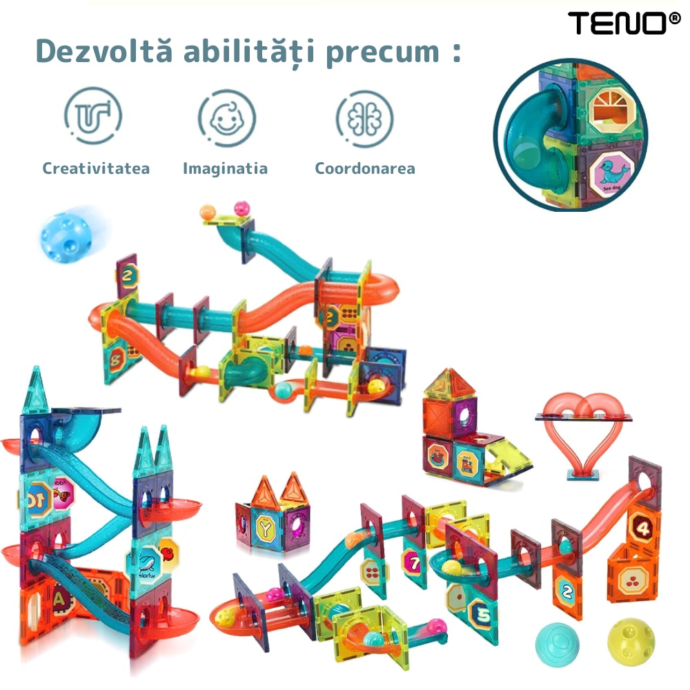 Set Inteligent si Creativ Magnetic 3D Teno®, 78 Piese, traseu cu bile ...