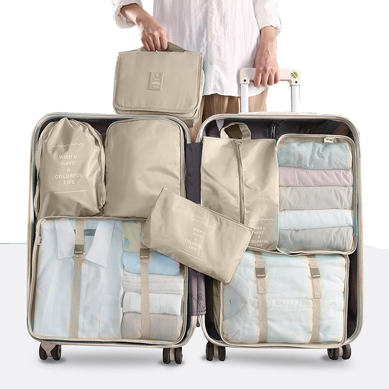 Set 7 organizatoare de bagaje de calatorie, Panza Oxford, Bej - eMAG.ro