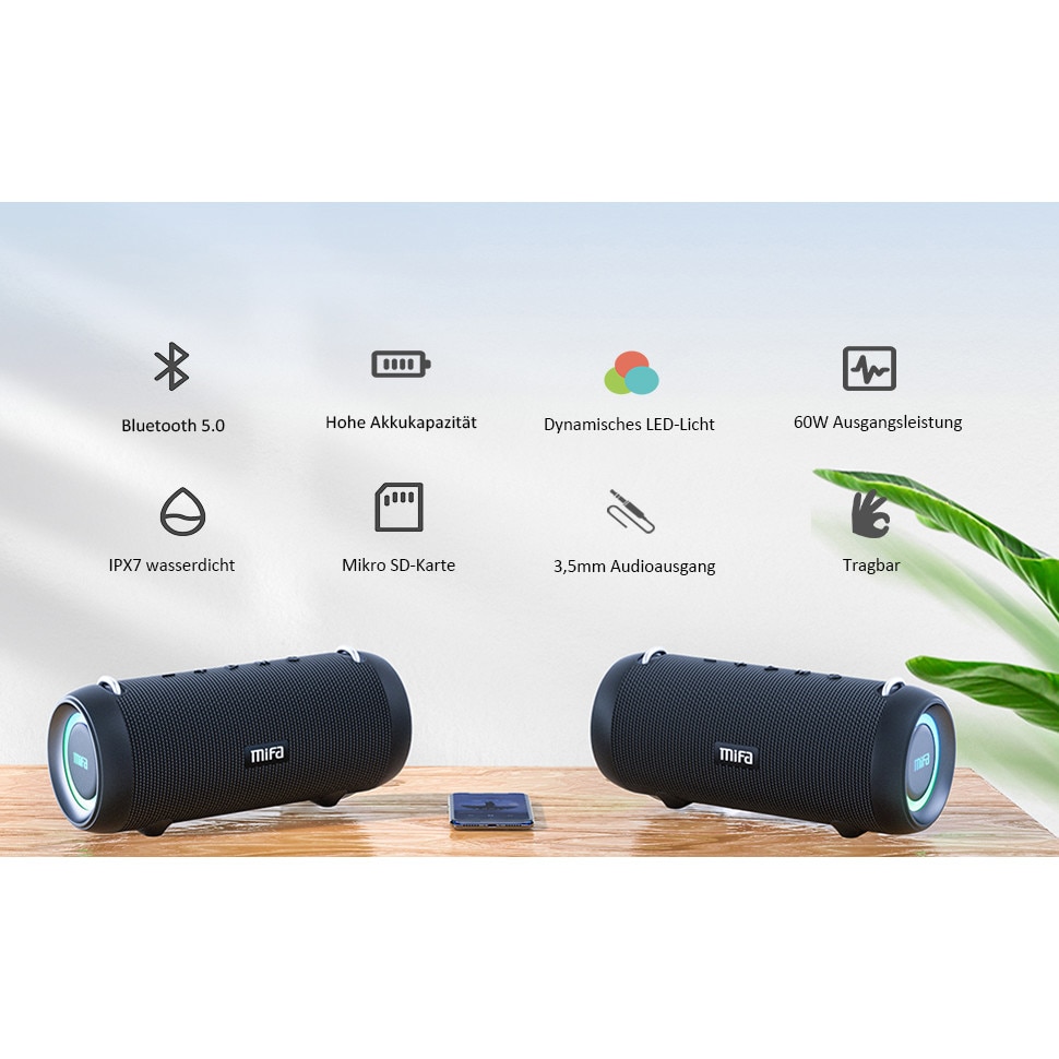 Boxa Portabil MIFA A90, 60 W, Wireless, IPX7 Waterproof RGB LED Light, 30 H Battery, USB/Micro ...