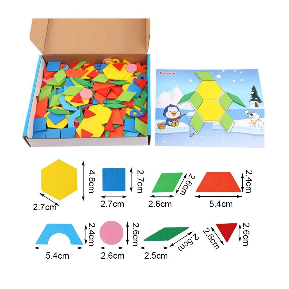 Joc educativ Tangram din lemn cu forme geometrice multicolore, 260 ...
