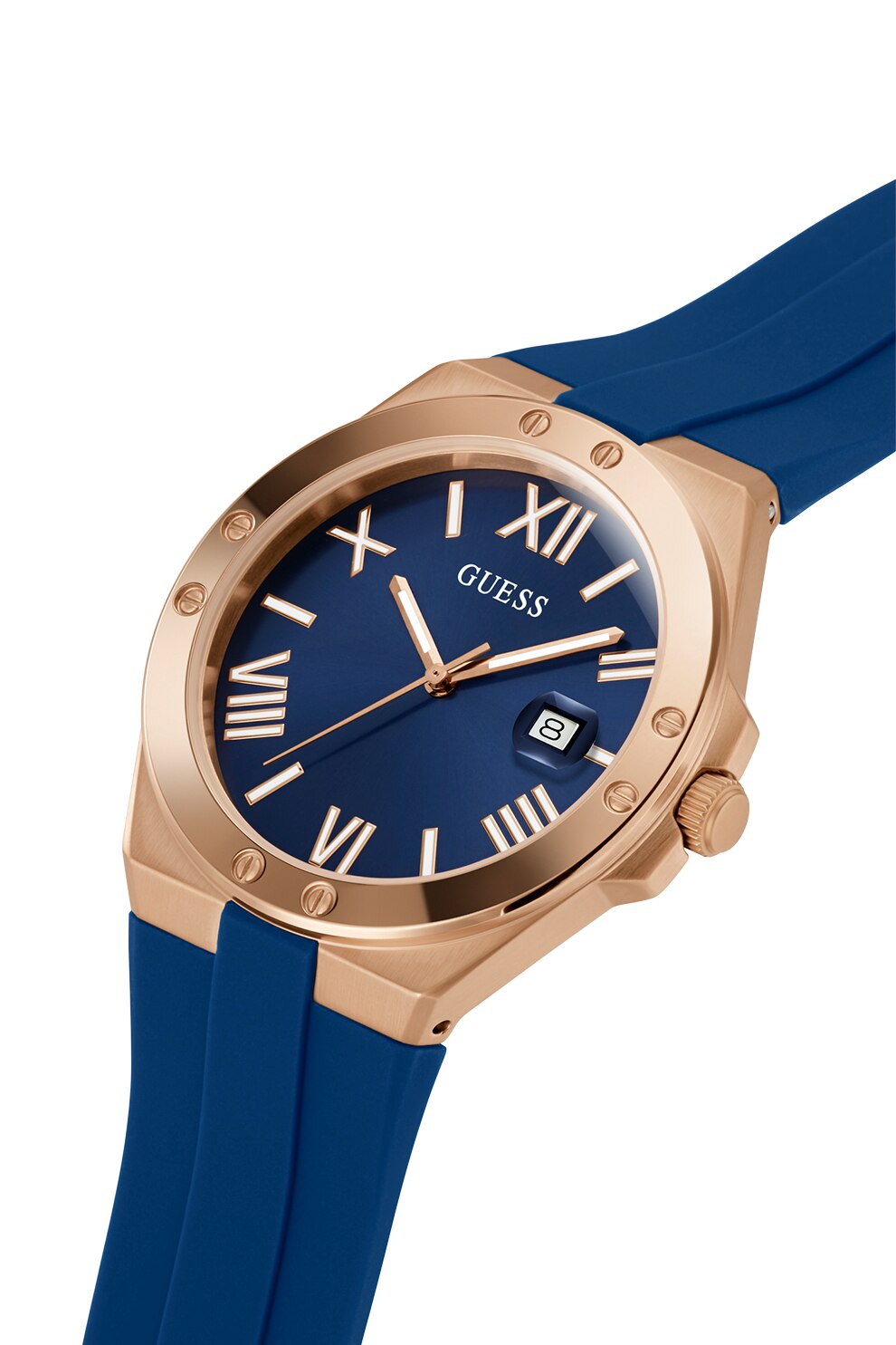 Guess, Ceas quartz din otel inoxidabil cu o curea din silicon, Albastru ...