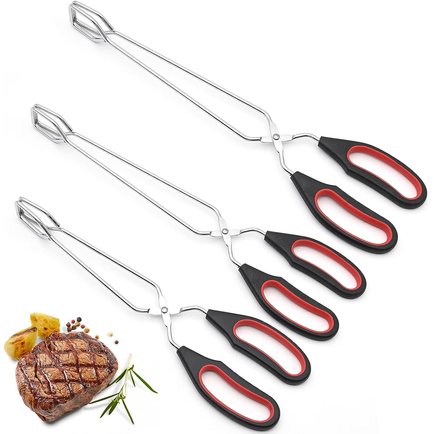 Set 3 clesti gratar, Inox/Silicon, 9/11/13 inch, Negru/Rosu - eMAG.ro