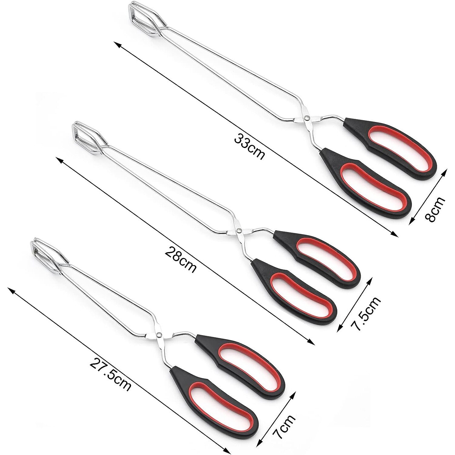 Set 3 clesti gratar, Inox/Silicon, 9/11/13 inch, Negru/Rosu - eMAG.ro