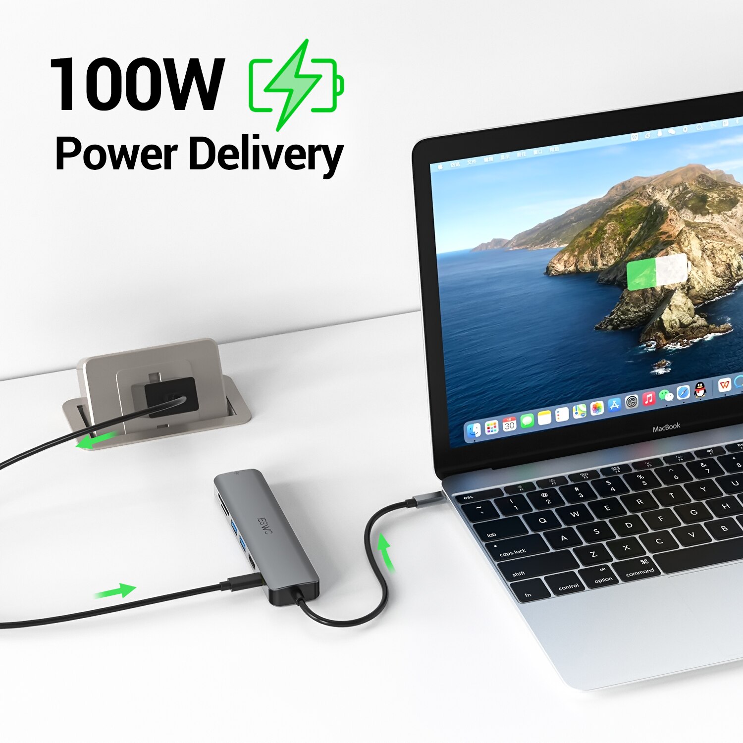 Хъб JESWO, USB C, 2 USB 3.0, HDMI, PD 100W, SD/TF, Сив - eMAG.bg