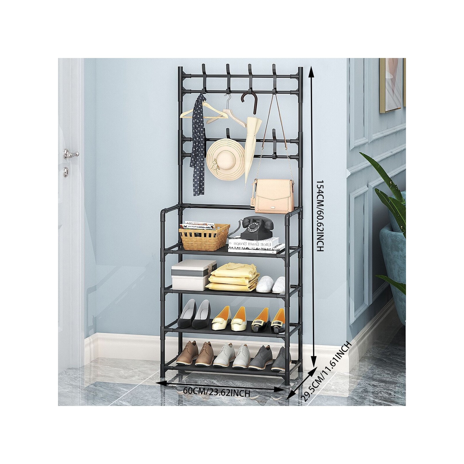 Cuier haine cu suport pantofi Dalys®, 4 rafturi, 60 x 29.5 x 154 cm ...