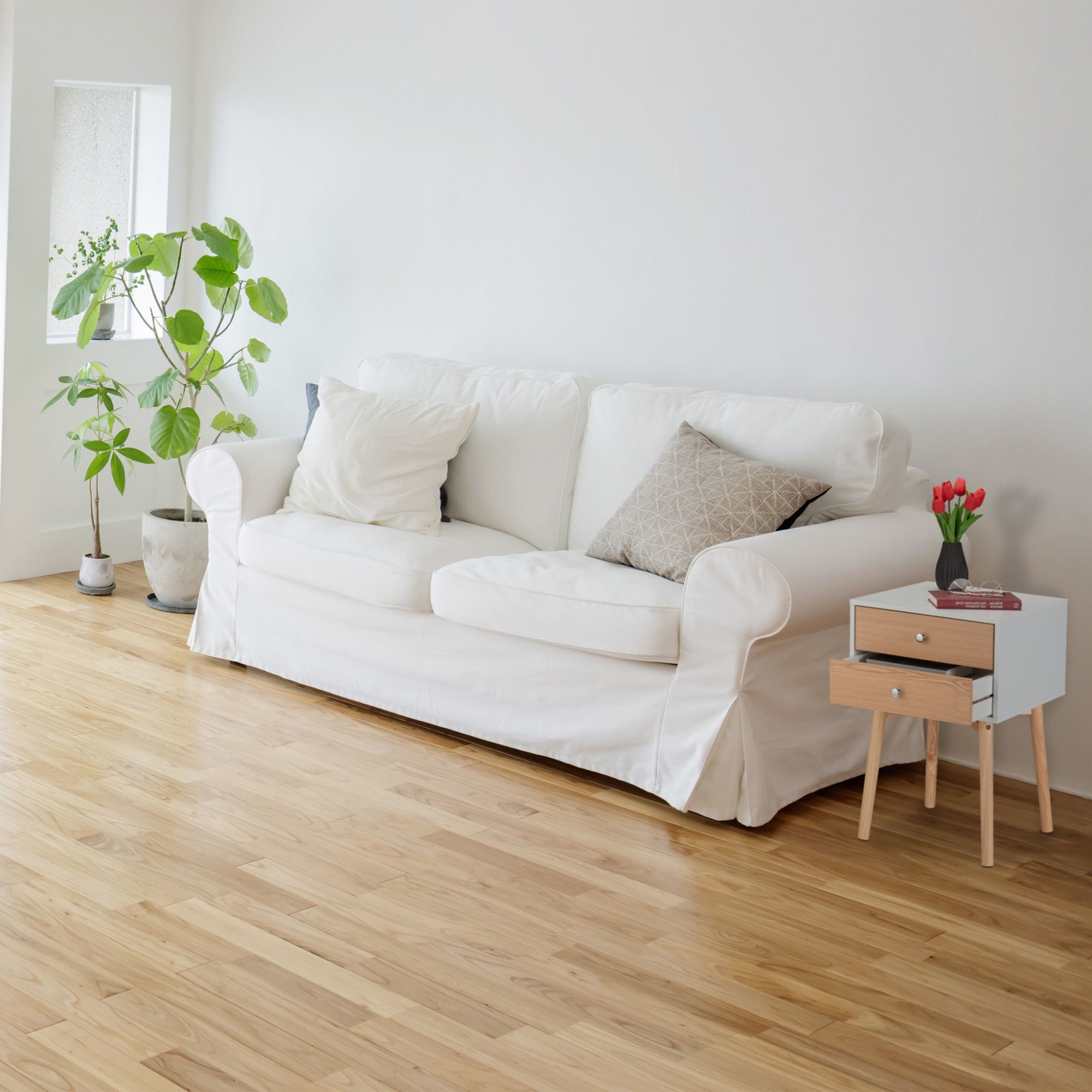 Noptiera alba cu 2 sertare, din lemn de pin, 60 x 40 x 40 cm - eMAG.ro