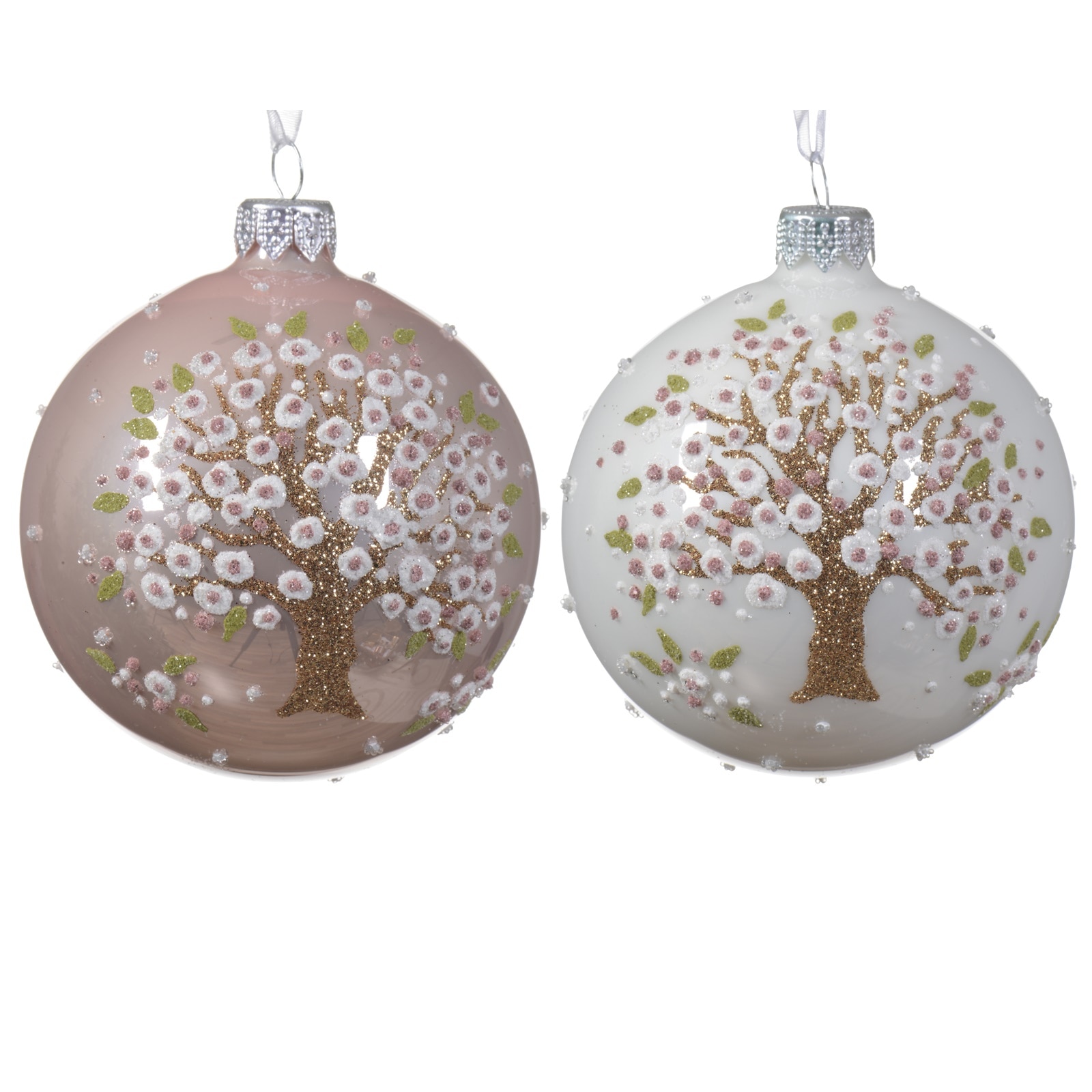 Set 2 globuri brad Craciun Copac inflorit, 8 cm, sticla - eMAG.ro