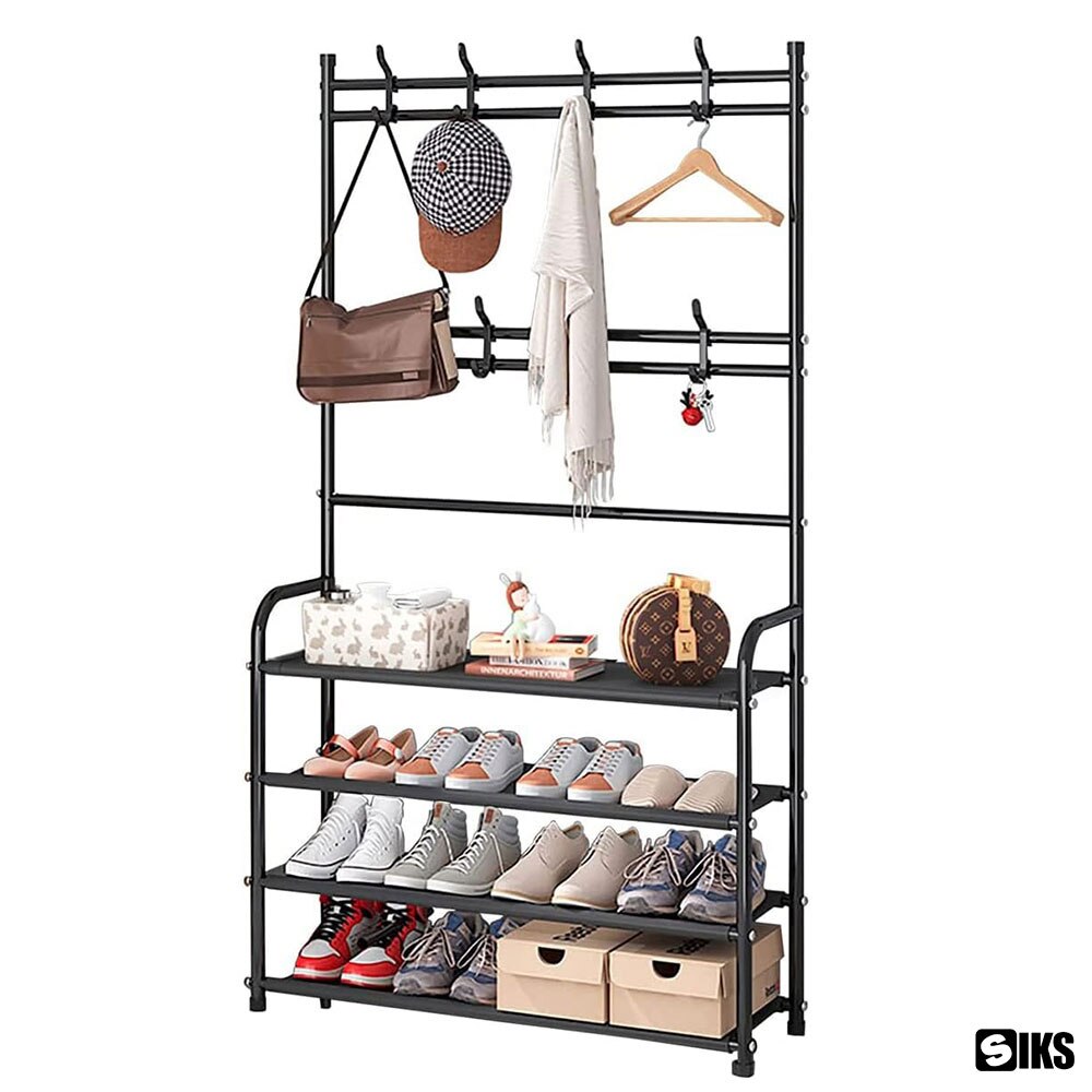 Cuier SIKS cu 4 Rafturi Pentru Incaltaminte, 8 Carlige, Metalic, Negru ...