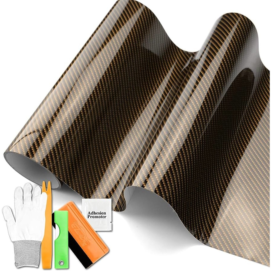 Folie Autocolant 9D carbon auriu, 30cm x 100cm, tehnologie de eliminare ...