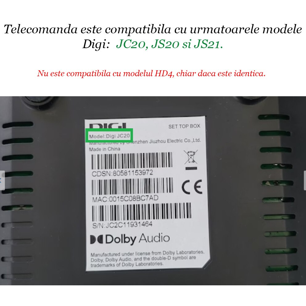 Telecomanda Compatibila decodor Digi JC20, JS20, JS21, Bocu Remotes ...