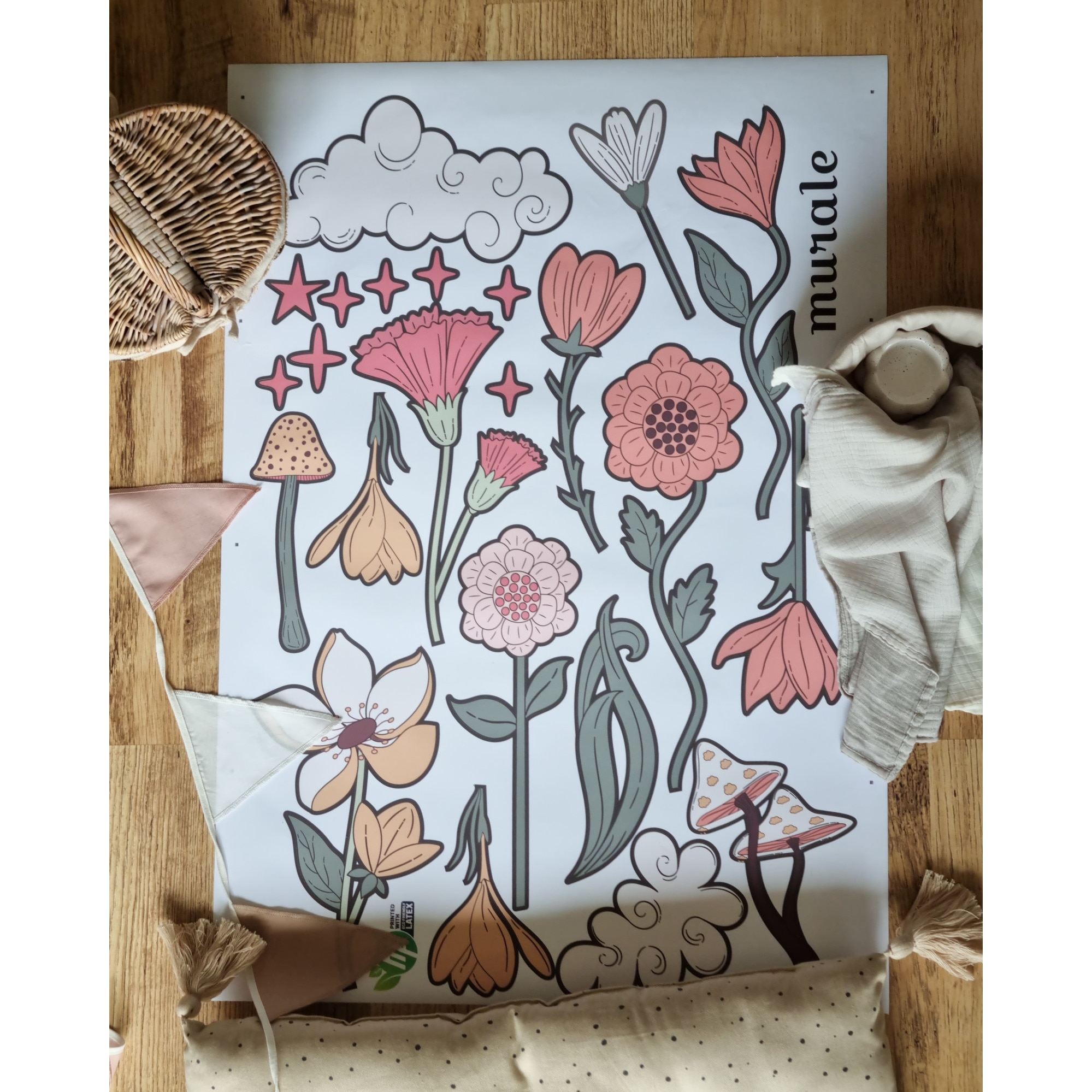 Детски декоративен стикер за стена Магията на цветята 60x90 см първокласен текстилен материал