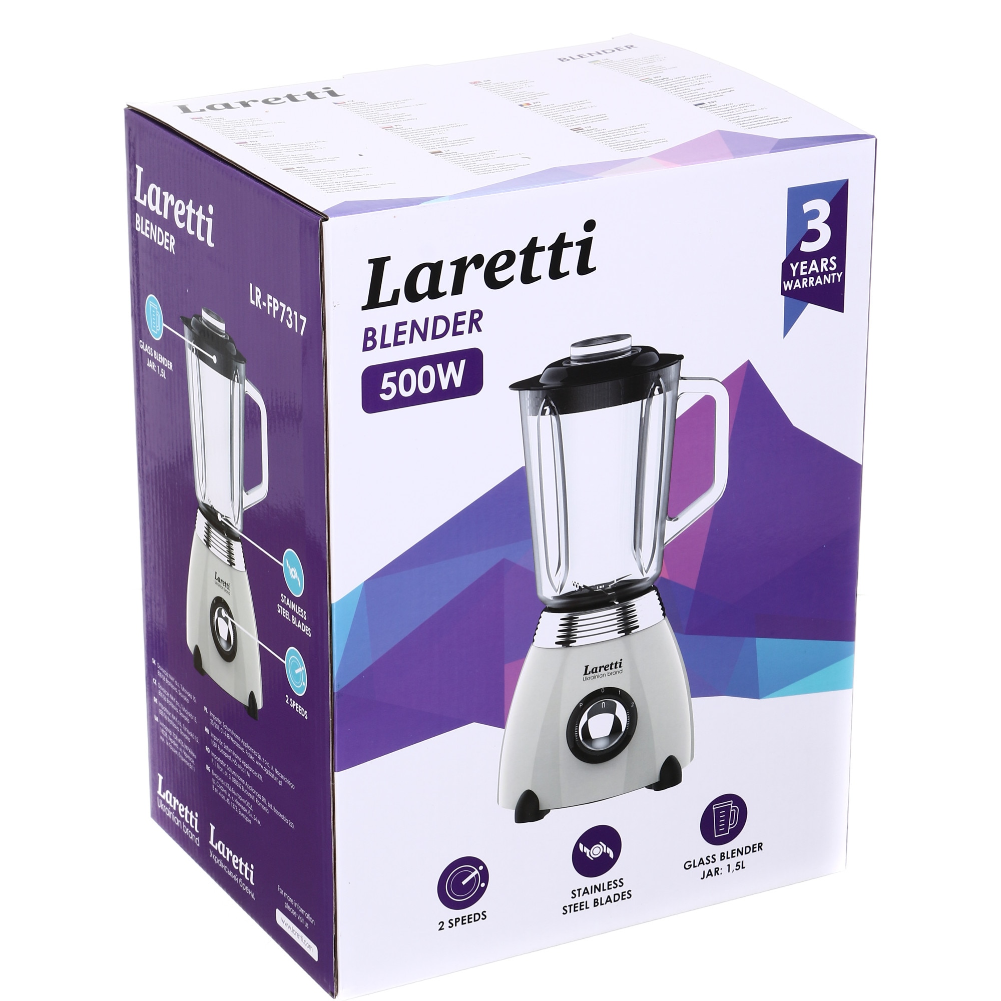Blender Laretti LR-FP7317, 500W, 1.5L, 2 viteze, Lame din otel inoxidabil, Functie blocare si ...